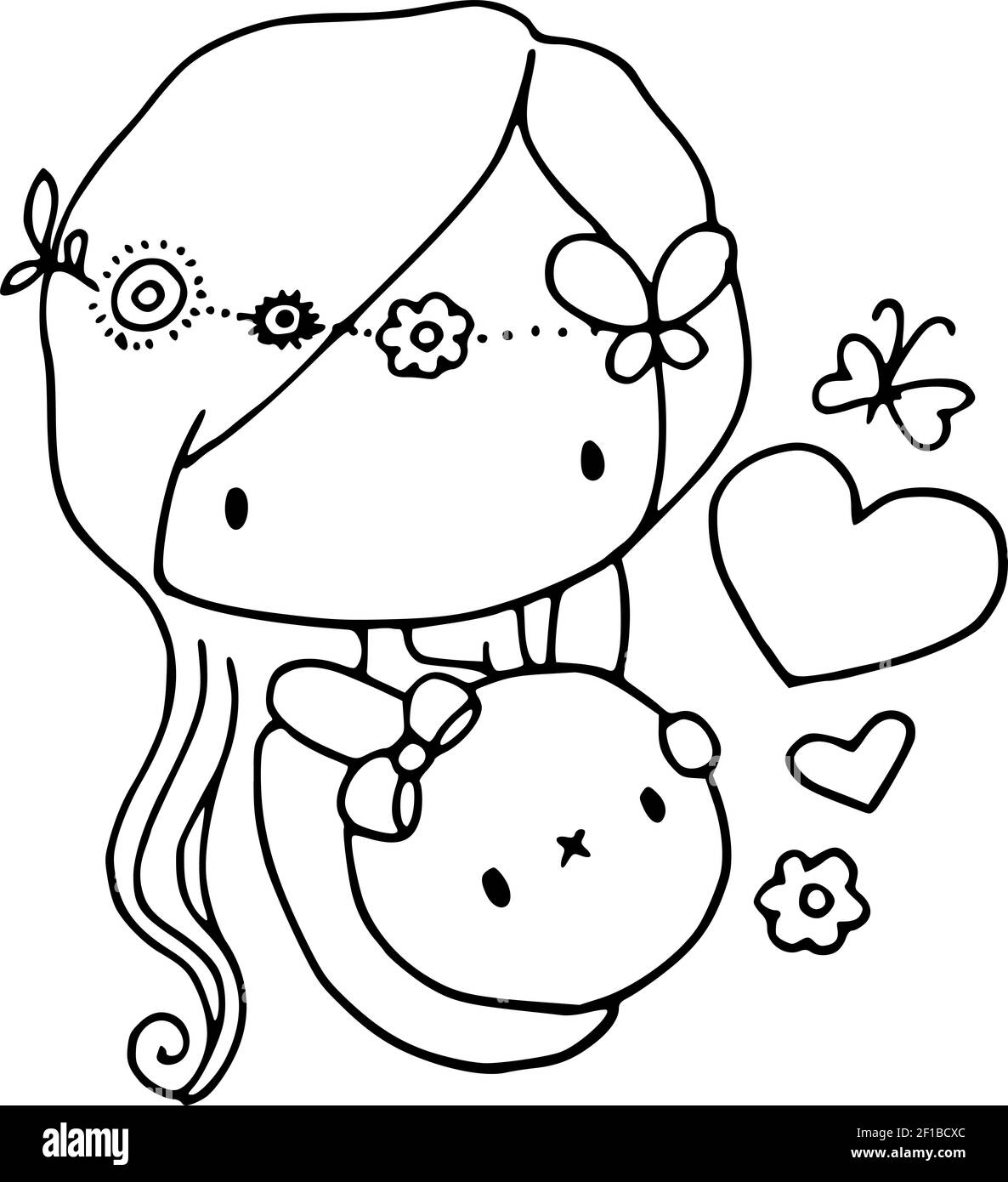 vector cartoon black and white girl with toy rabbit Stock Photo - Alamy