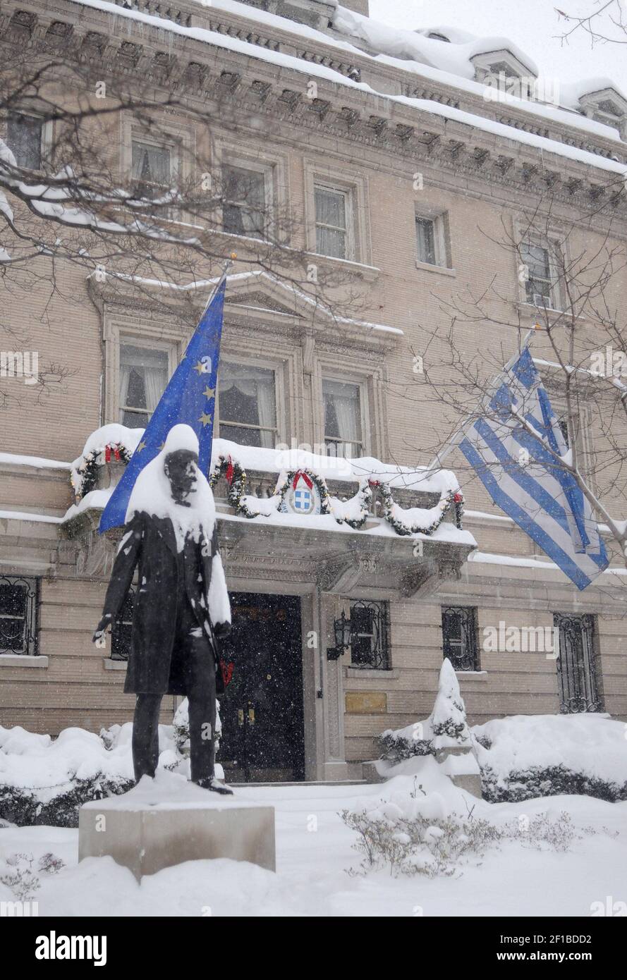 Snow blankets the entrance to the Embassy of Greece in Washington, D.C ...