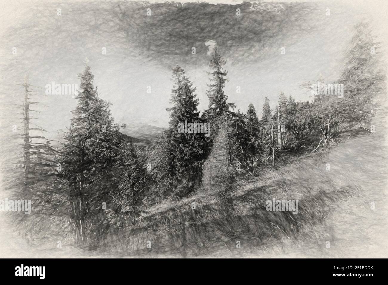 Landscape with mountains and trees, aquarel and computer effect Stock ...