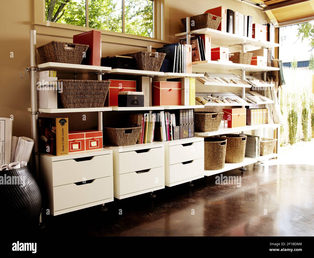 Ikea's modular "Stolmen" shelving in the sample room holds sea-grass ...