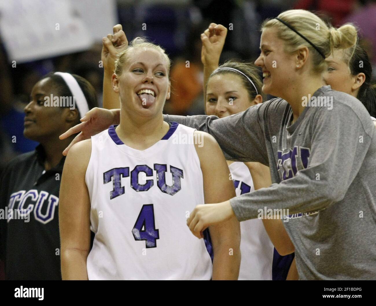 Texas Christian's Helena Sverrisdottir (4) celebrates with teammate ...