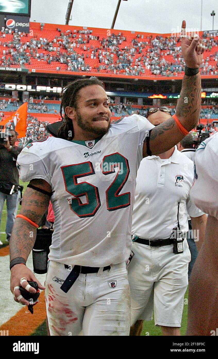 Miami Dolphins linebacker Channing Crowder celebrates at the end of an ...