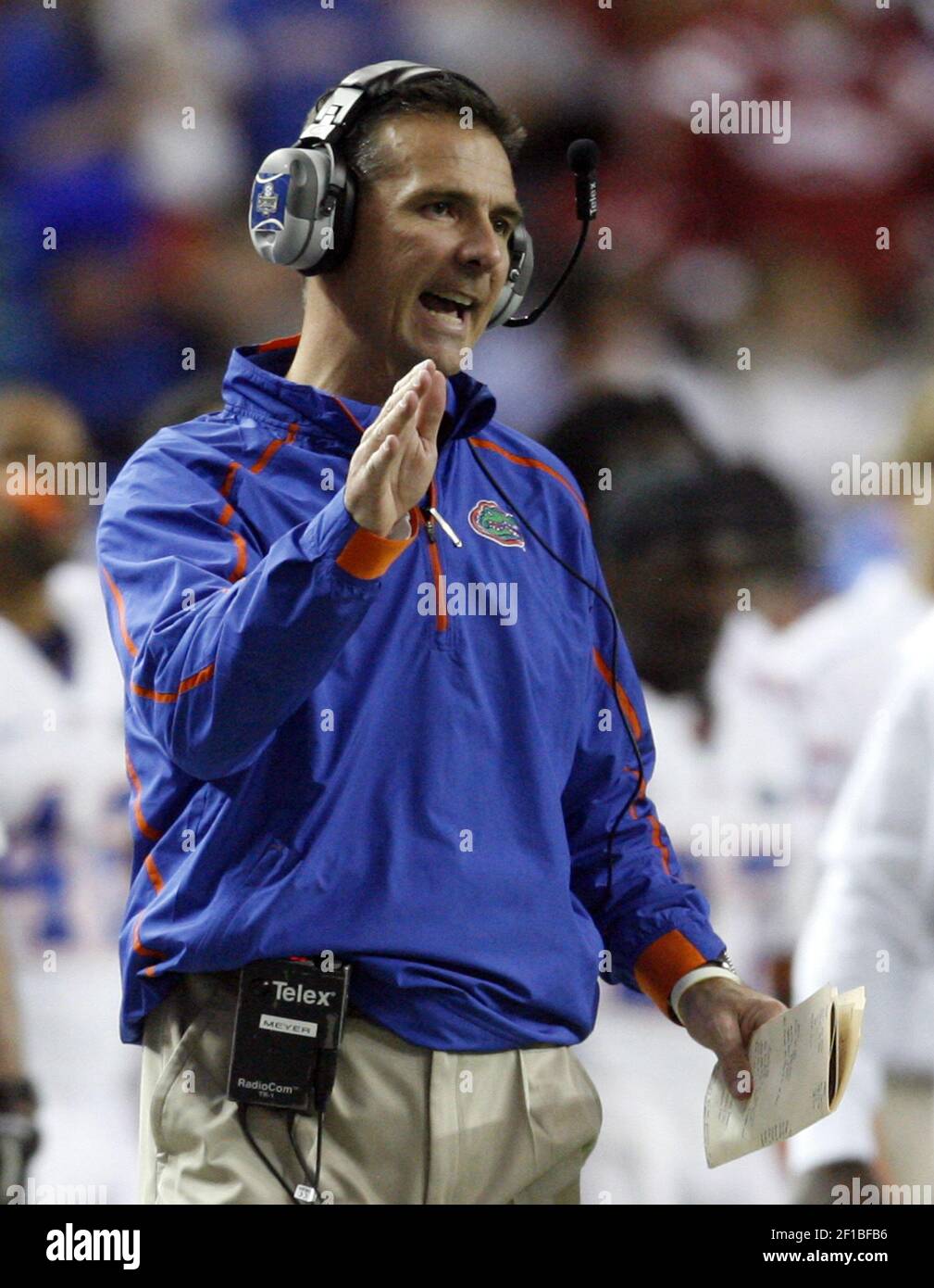 Florida coach Urban Meyer yells from the sidelines during the first ...