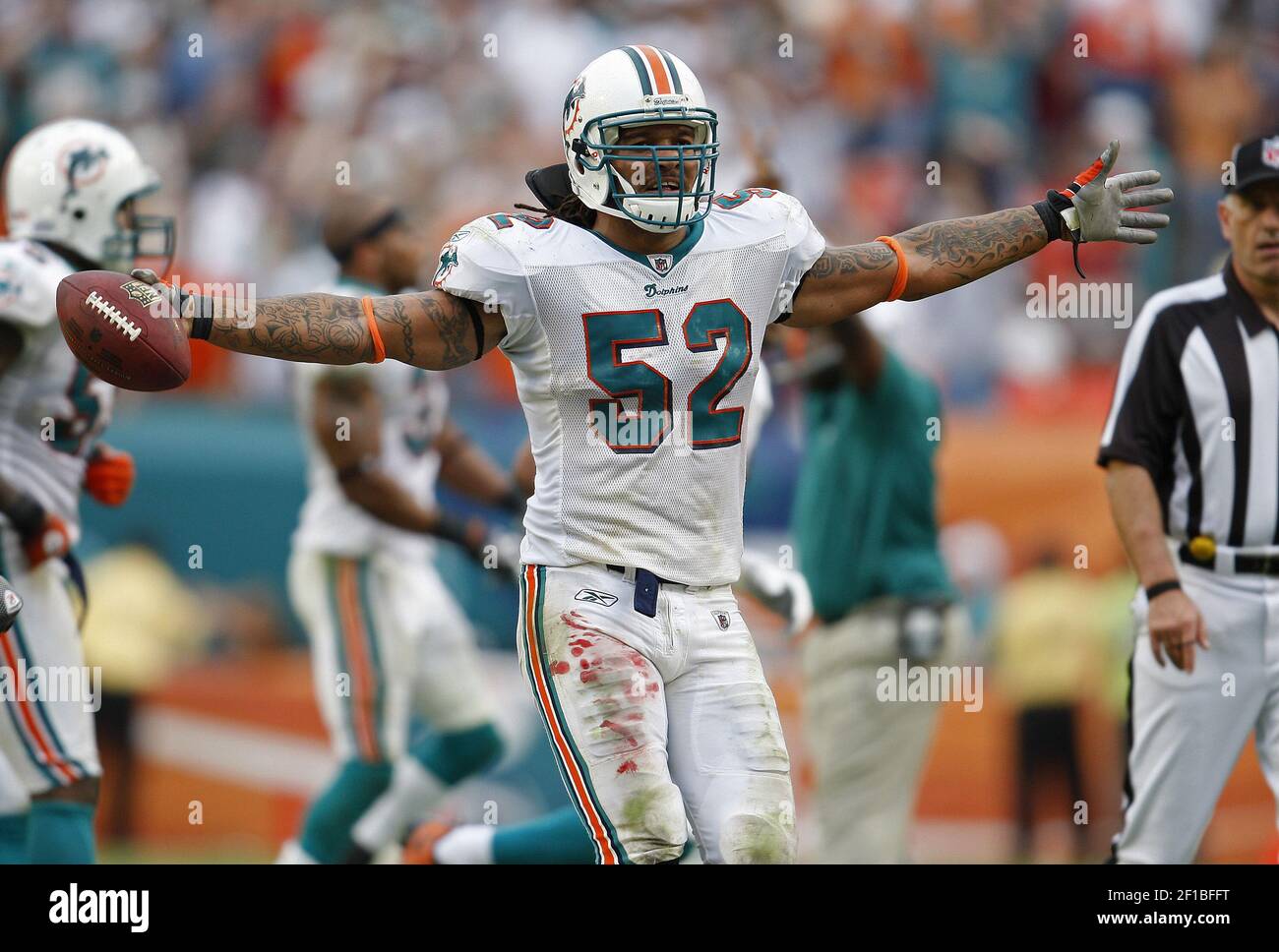 Miami Dolphins linebacker Channing Crowder celebrates his fourth ...