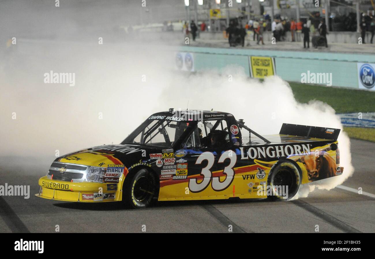 Ron Hornaday Jr. celebrates winning the NASCAR Camping World Truck ...