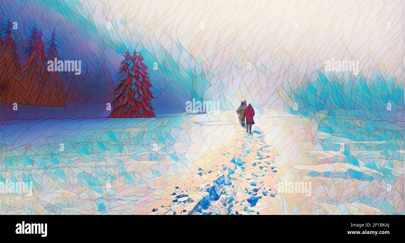 People alone in Winter blizard. Beautiful mountain snowy landscape ...