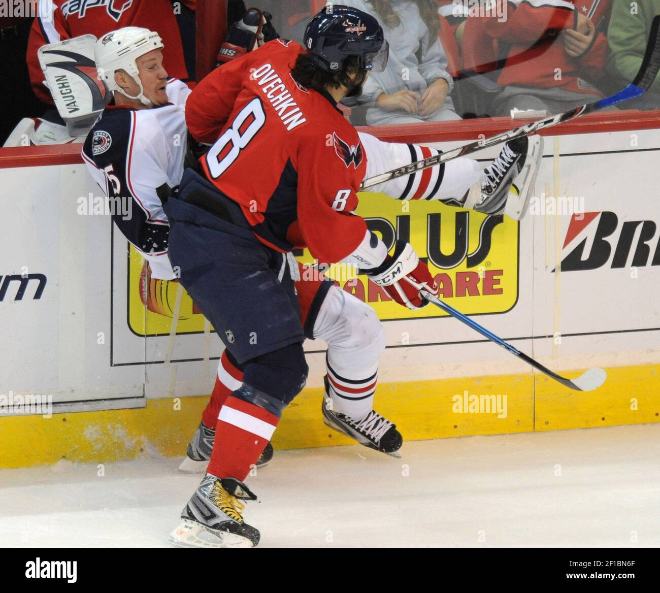 The Washington Capitals' Alexander Ovechkin (8) drops the Columbus Blue ...