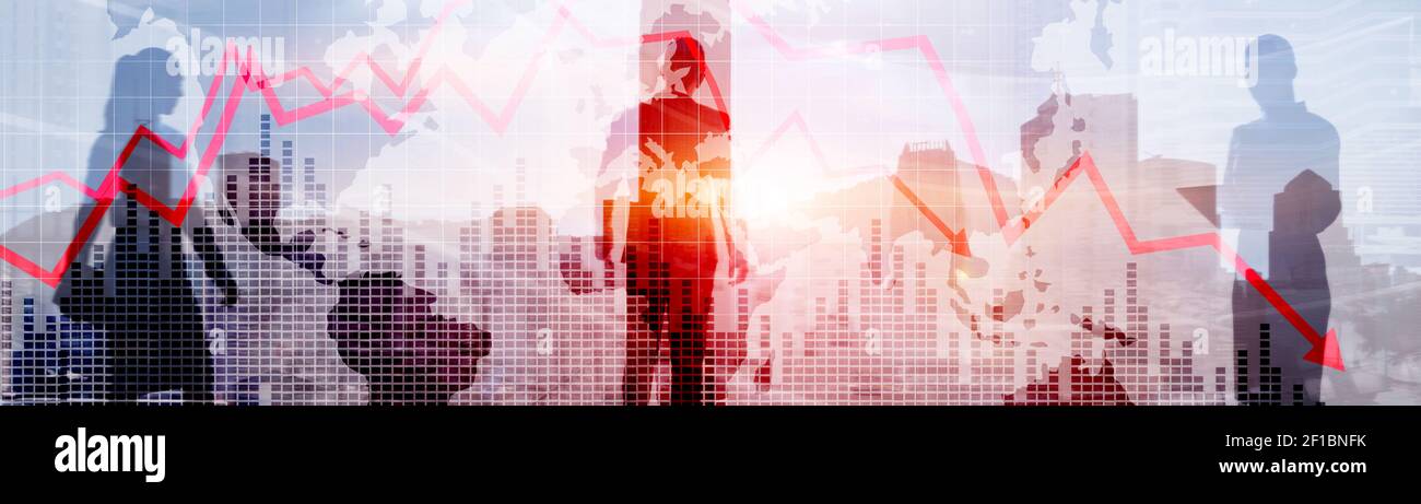 Abstract recession and crisis background on world map background. Red ...