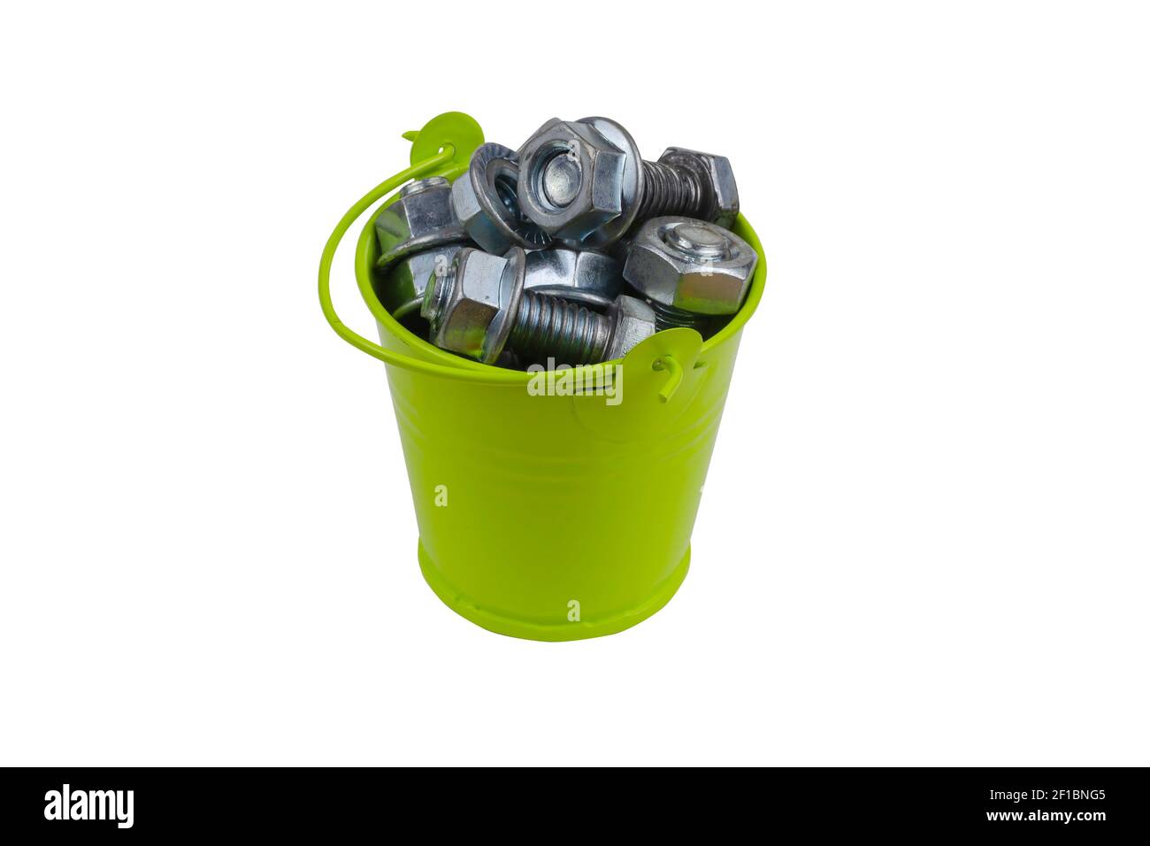 Full bucket of bolts and nuts on a white background. Metal fasteners in ...