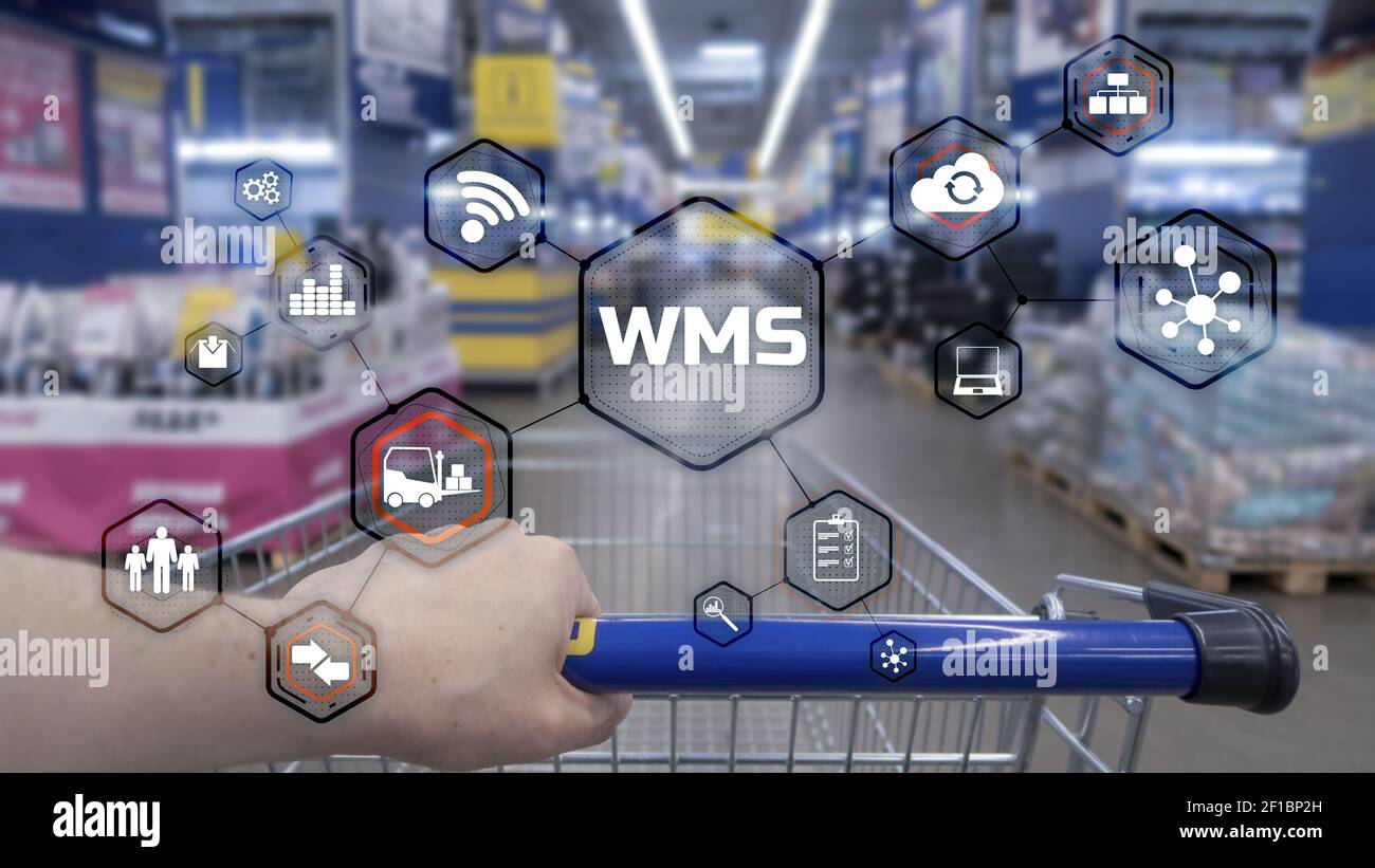 Inscription WMS on blurred warehouse background. Werehouse Management ...