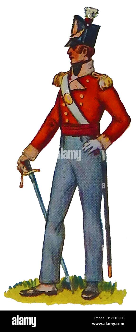 An old illustration showing the uniform of a British infantry officer ...