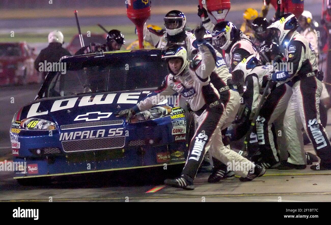 NASCAR Banking 500 winner Jimmie Johnson pits during a mid-race pit ...