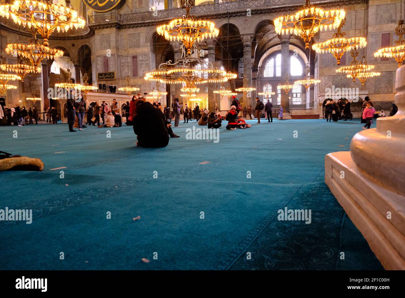 interior of Hagia sophia mosque Muslims praying and tourist walking ...