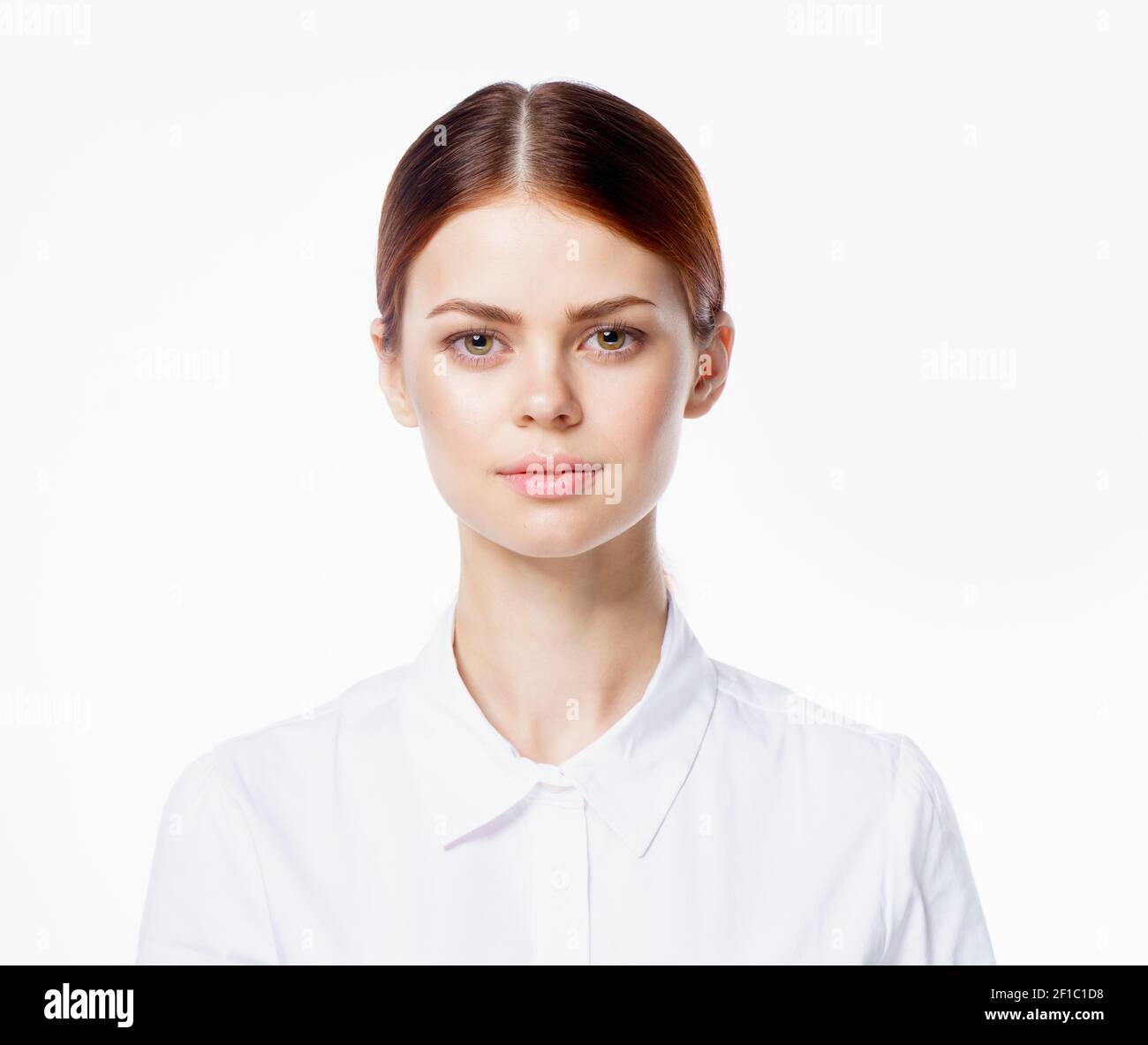 woman in white shirt strict style fashion emotions light background ...