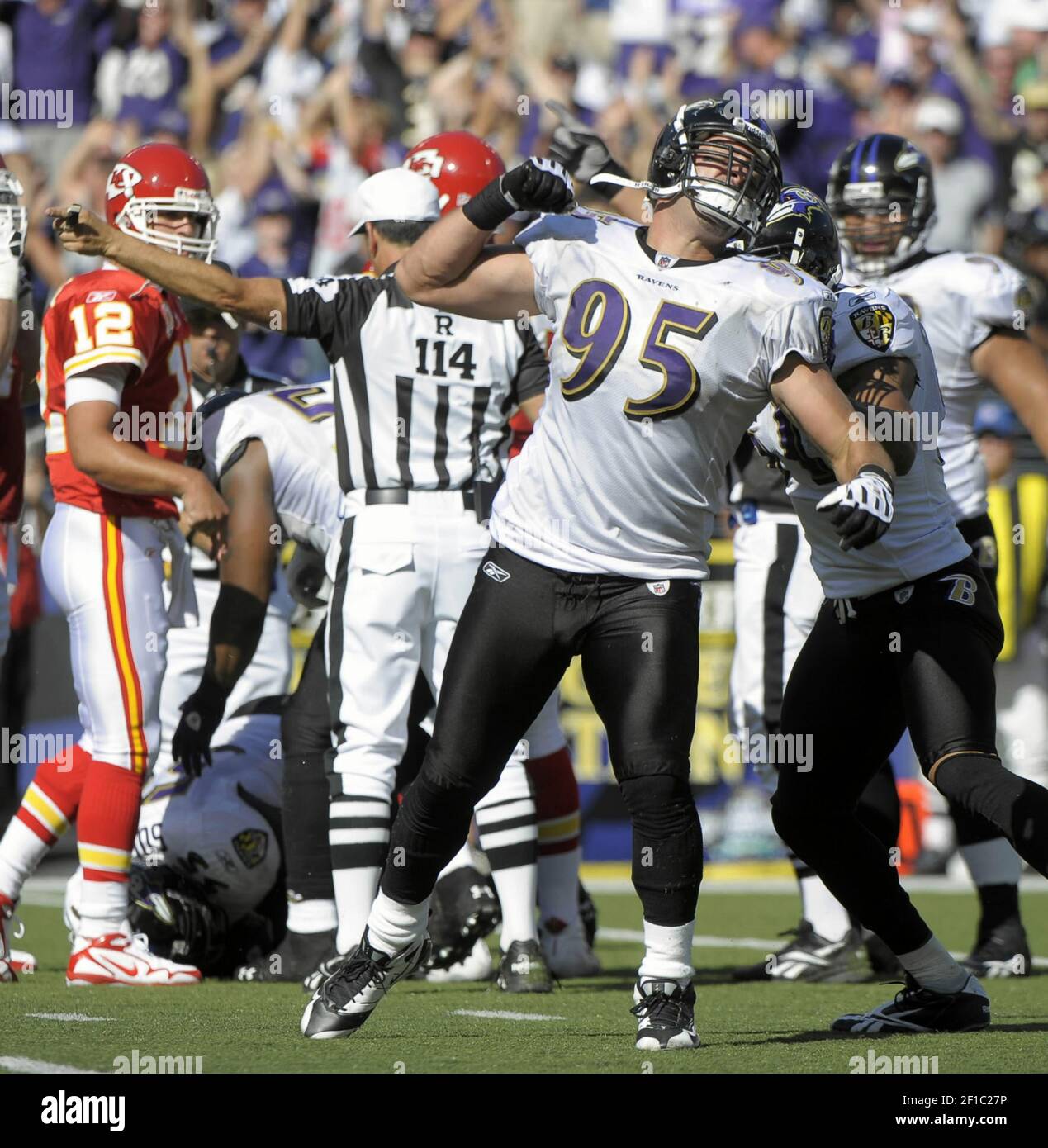 Baltimore Ravens Jarret Johnson (95) celebrates after sacking Kansas ...