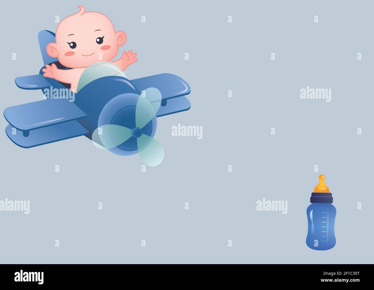 Illustration of smiling cartoon baby in aeroplane flying towards bottle ...