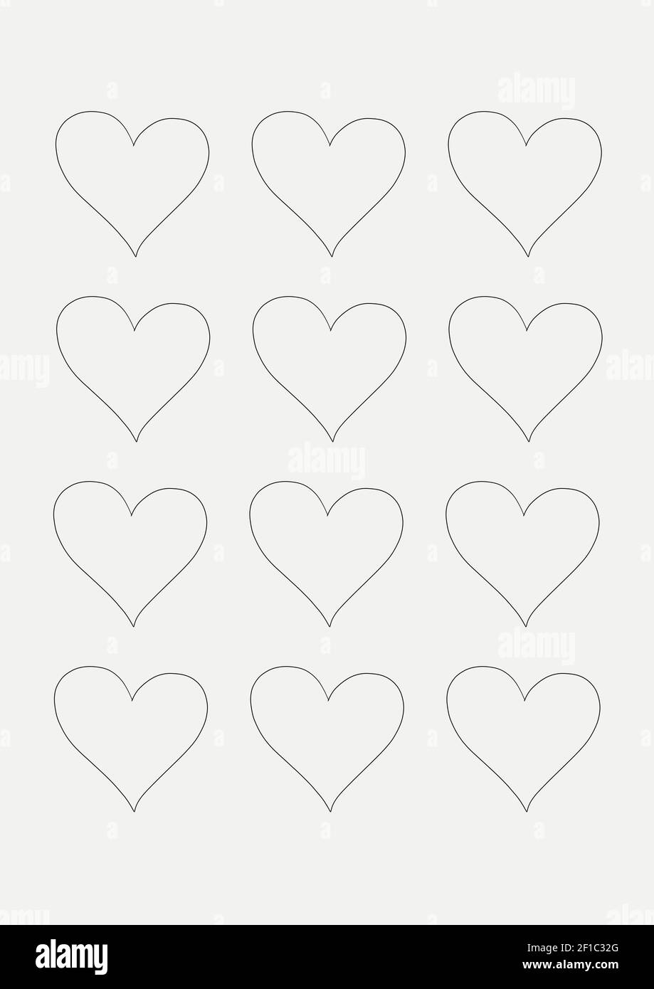 Illustration of four rows of black outlined hearts with copy space on ...