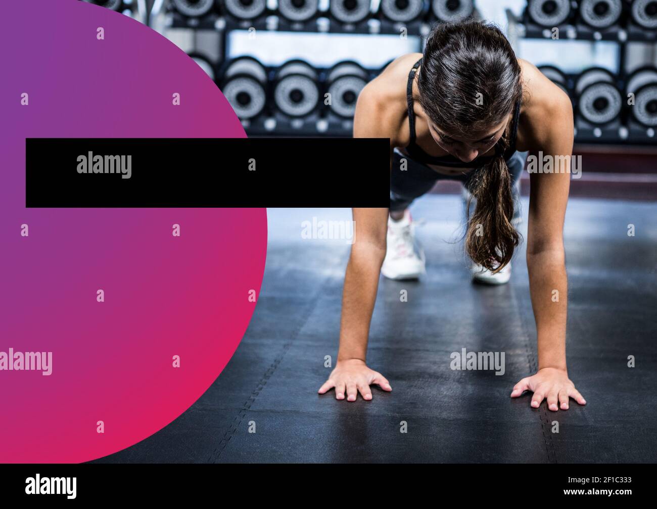 Composition of woman at gym doing push ups with pink circle and black ...