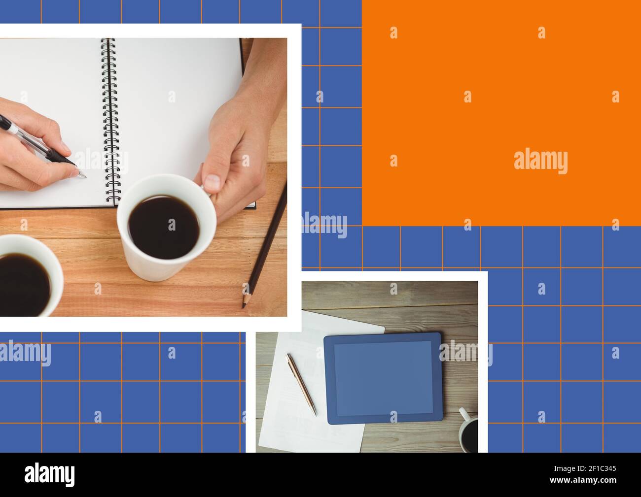 Composition of hands writing in notebook holding coffee cup with ...