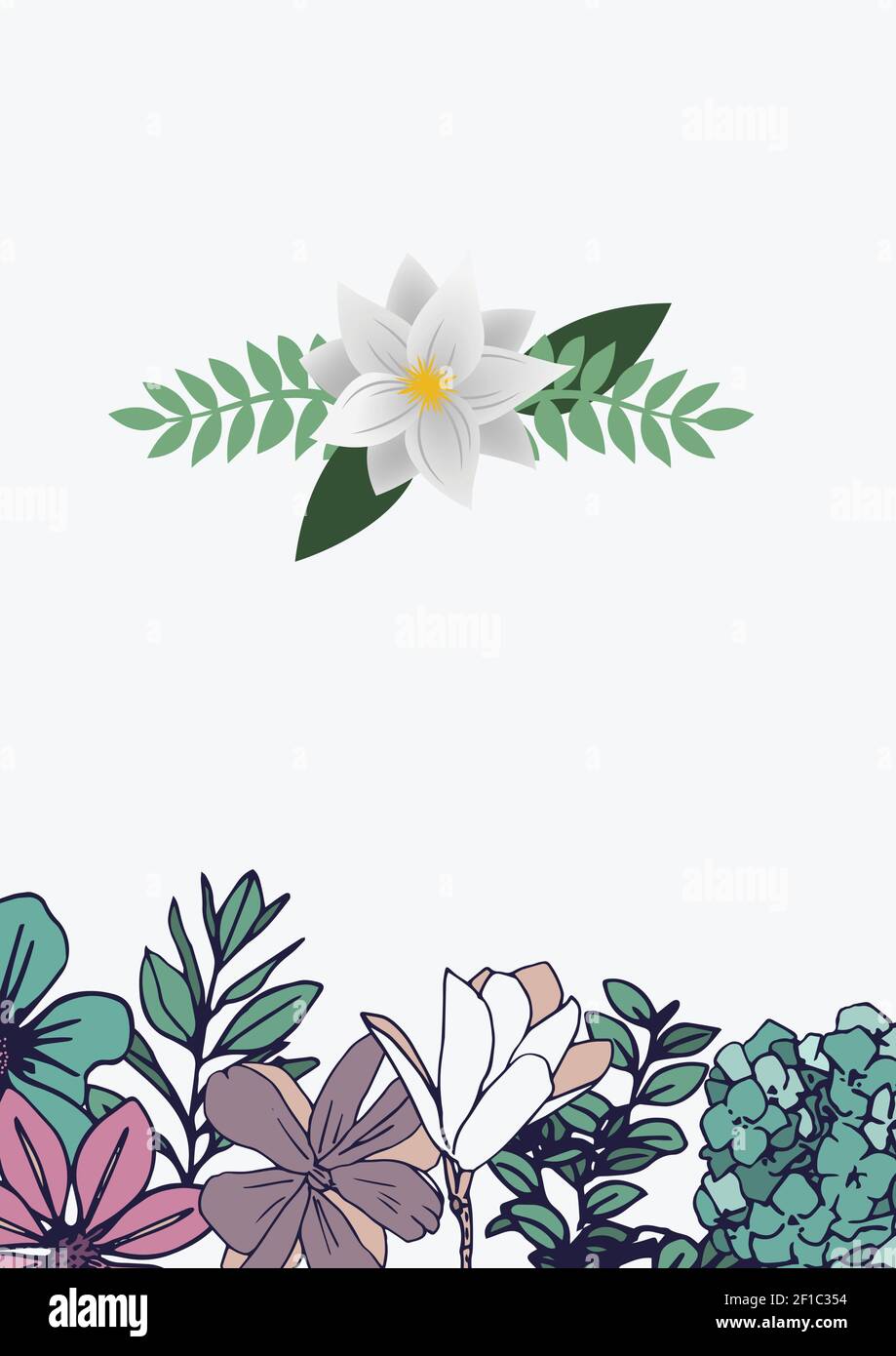 Illustration of white flower and flowers on bottom with copy space on ...