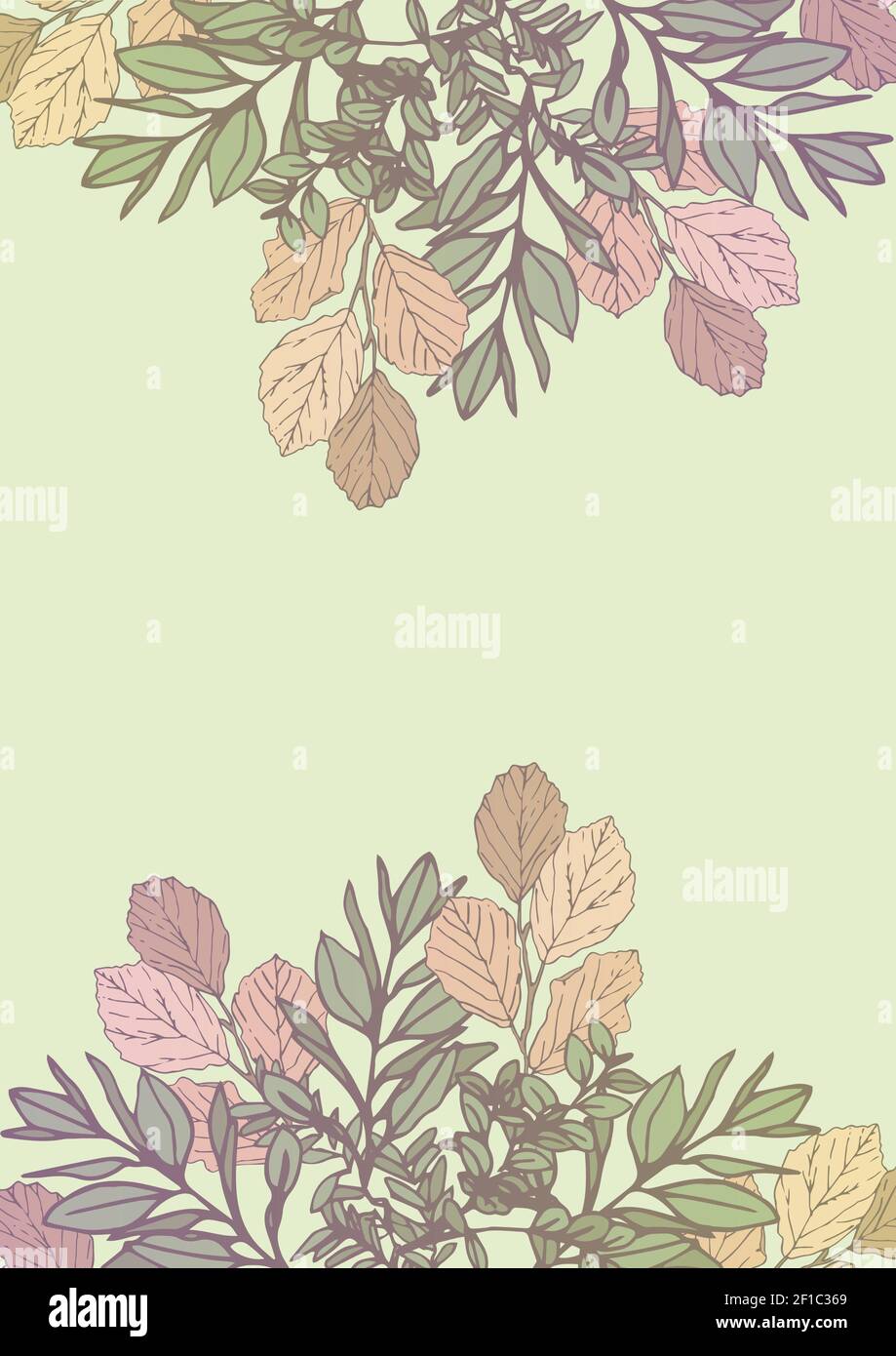 Illustration of leaves on top and bottom with copy space on green ...