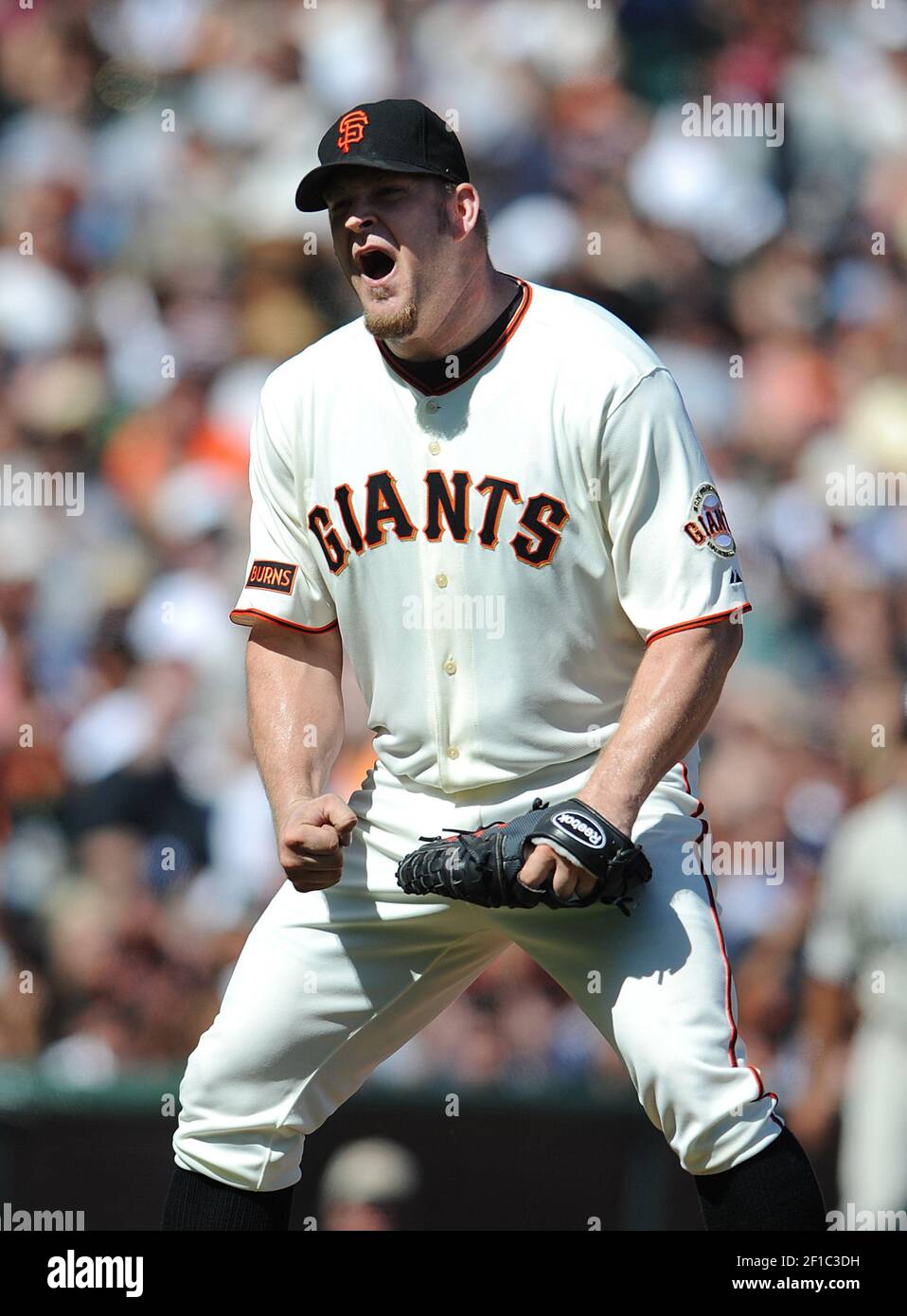 San Francisco Giants pitcher Brad Penny reacts after striking out San ...