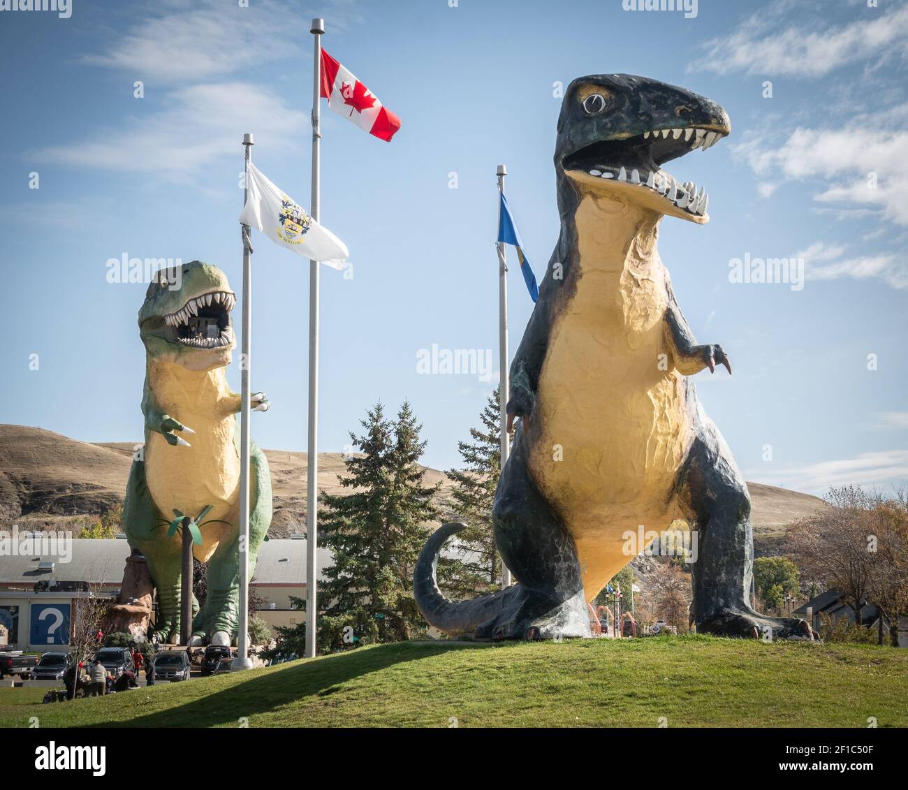 Dinosaur statues in Dinosaur Capital of the world, shot in Drumheller ...