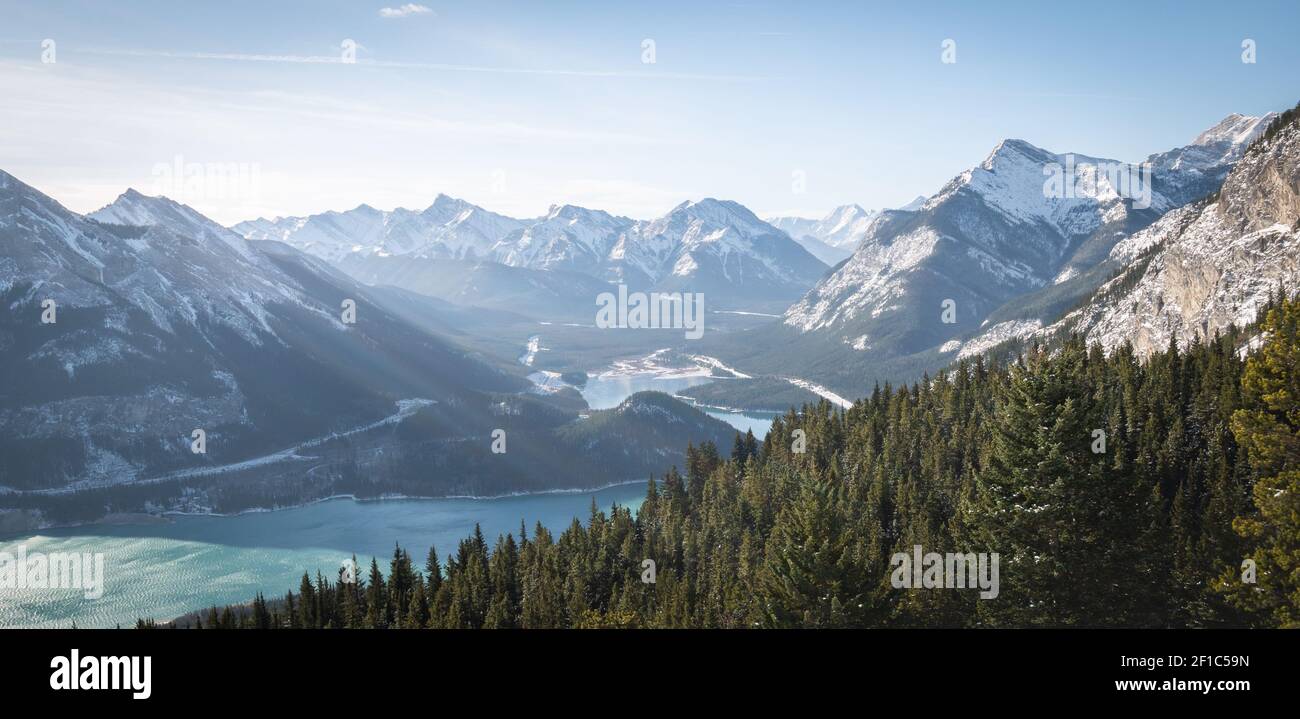 Winter alpine scenery with valley lake and snowy peaks, panoramic shot ...