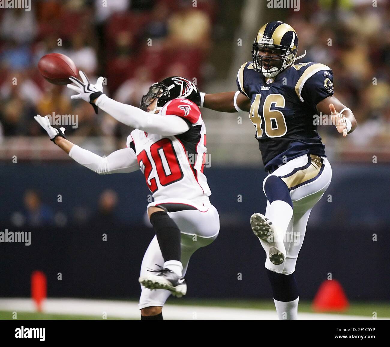 Atlanta Falcons cornerback Brent Grimes (left) nearly intercepts a pass ...