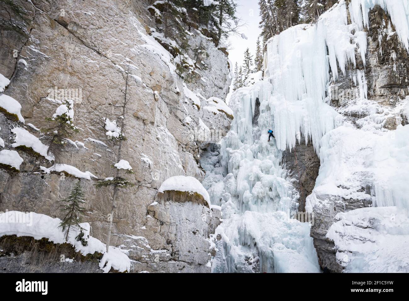 Ice waterfall climbing (landscape shot), Johnston Canyon, Banff ...