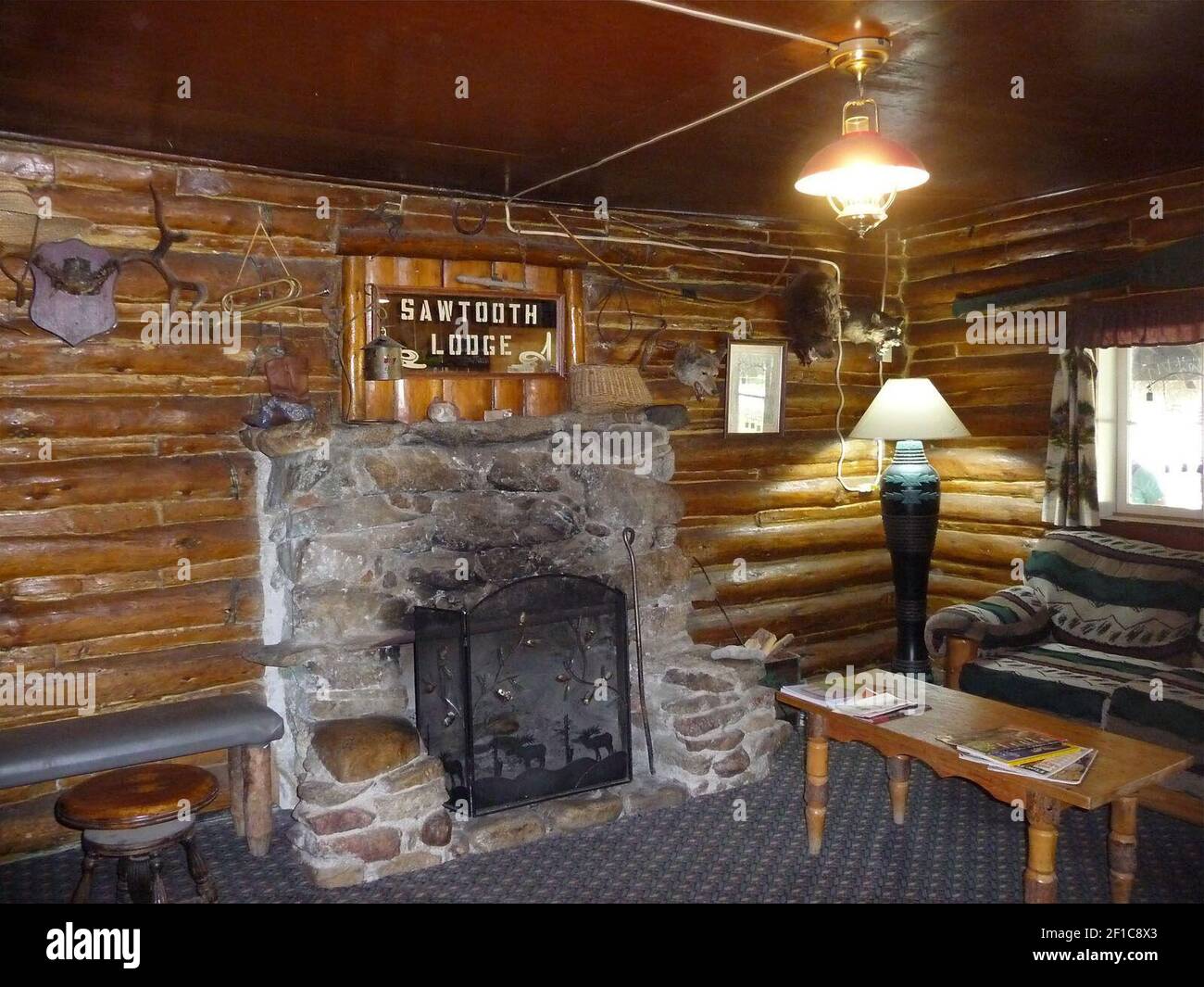 The inside of the Sawtooth Lodge at Grandjean is historic and has a ...