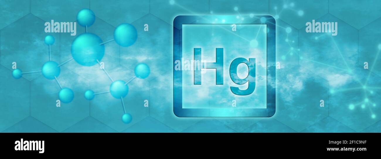 Hg symbol. Mercury chemical element with molecule and network on blue ...