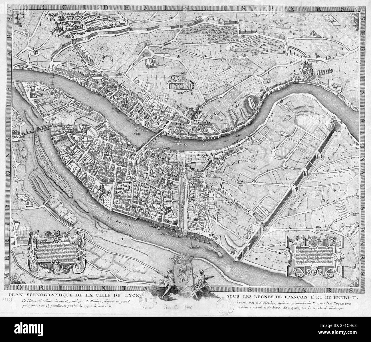 Scenographic map of the city of Lyon under the reigns of François 1er ...