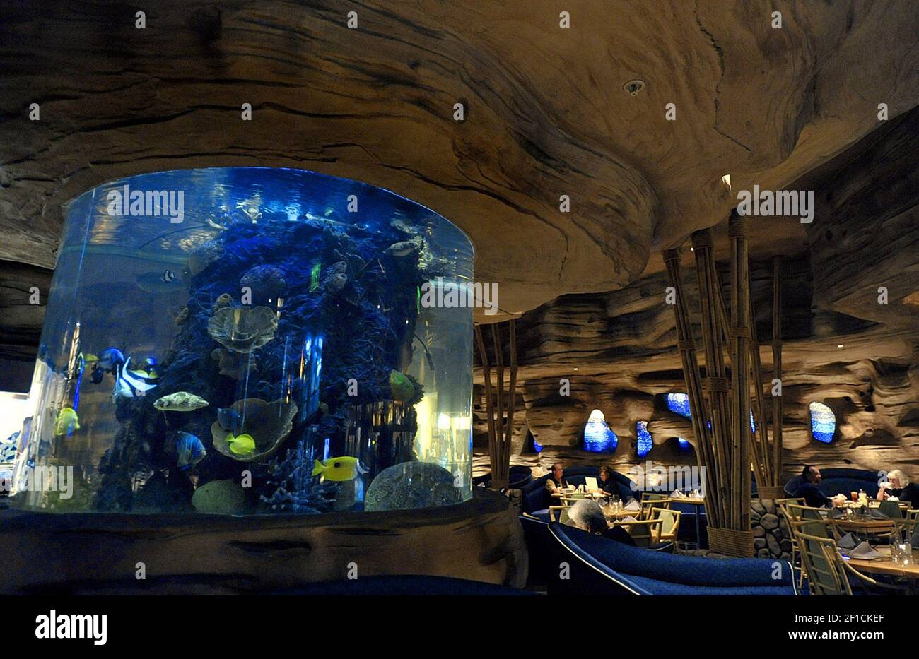 A giant cylindrical fish aquarium is one of the unique features in the ...