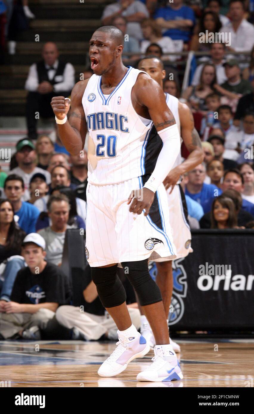 Orlando Magic forward Mickael Pietrus celebrates after drawing an ...