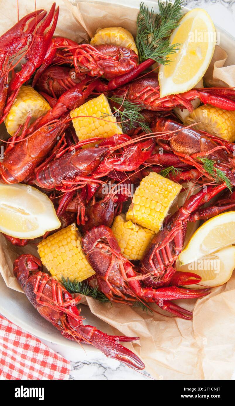 Boiled crayfish with dill Stock Photo - Alamy