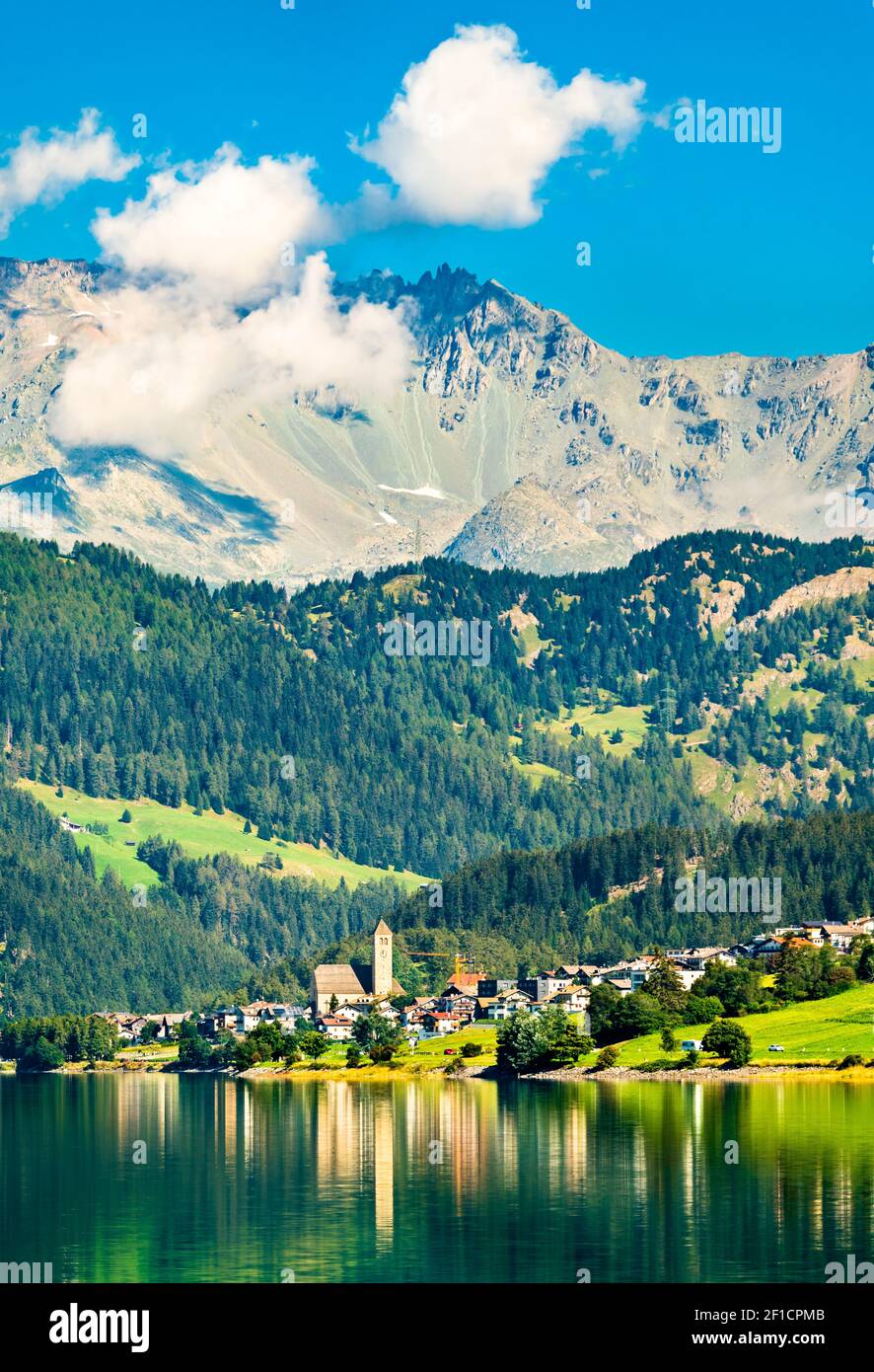 Reschen am See or Resia, a village on Lake Reschen in South Tyrol ...