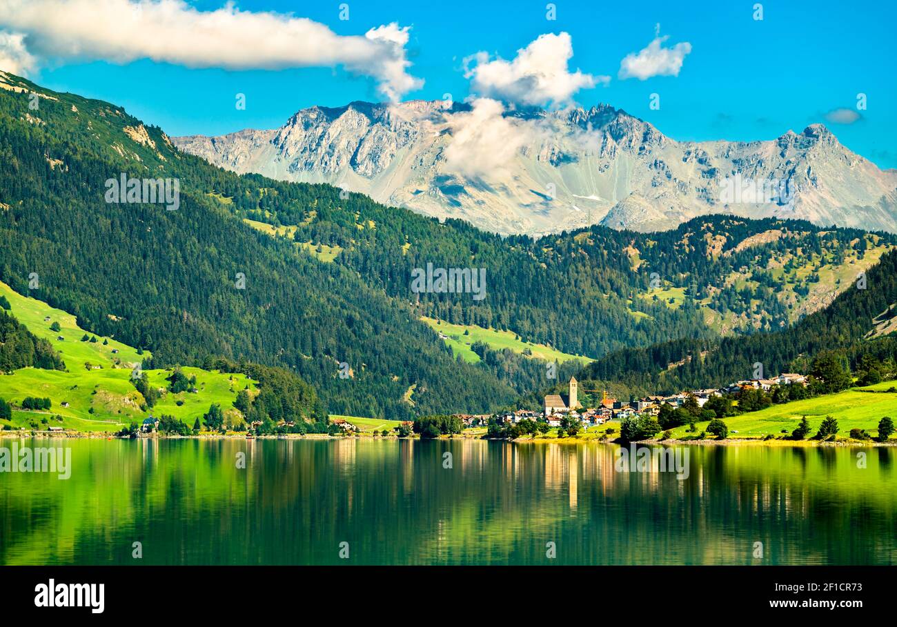 Reschen am See or Resia, a village on Lake Reschen in South Tyrol ...
