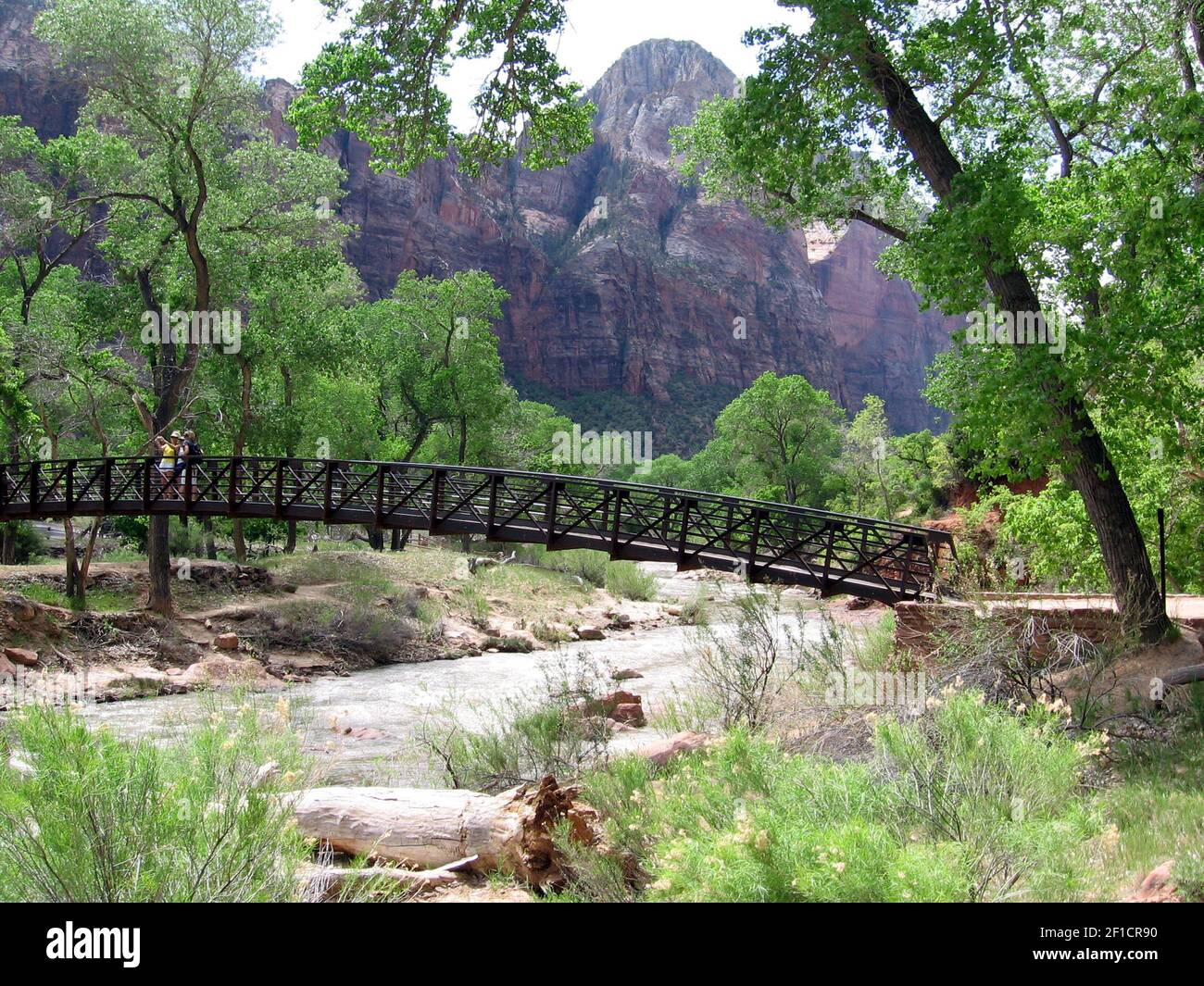 A bridge crosses over the Virgin River along a hiking trail at Zion ...