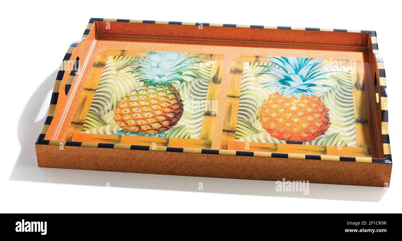 Annie Modica pineapple-design tray, orange with black-and-white stripe ...