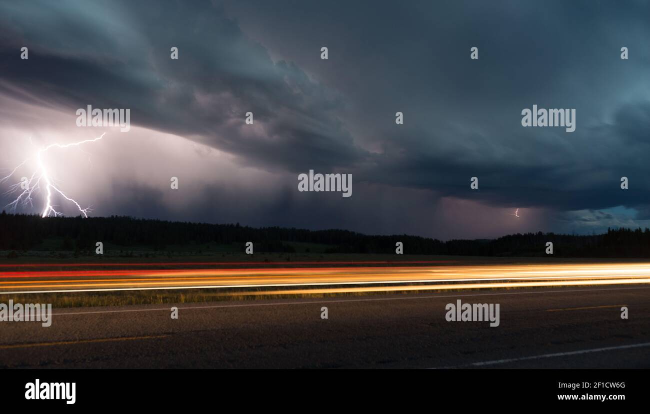 Fall Thunderstorm Late Night Yellowstone Park Road Lightning Strike ...