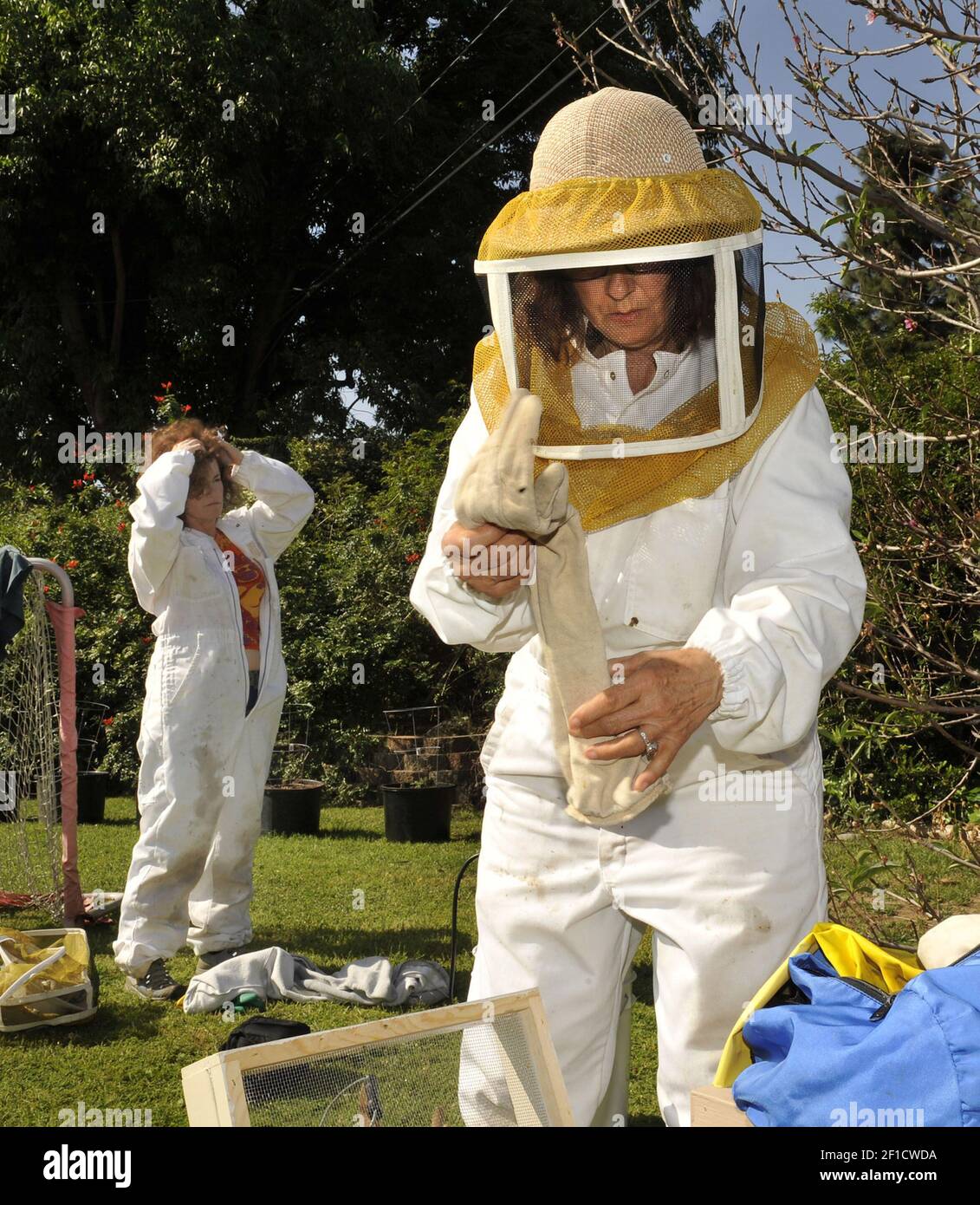 Beekeepers Kelly Yrarrazaval, left, and Janet Andrews change into ...