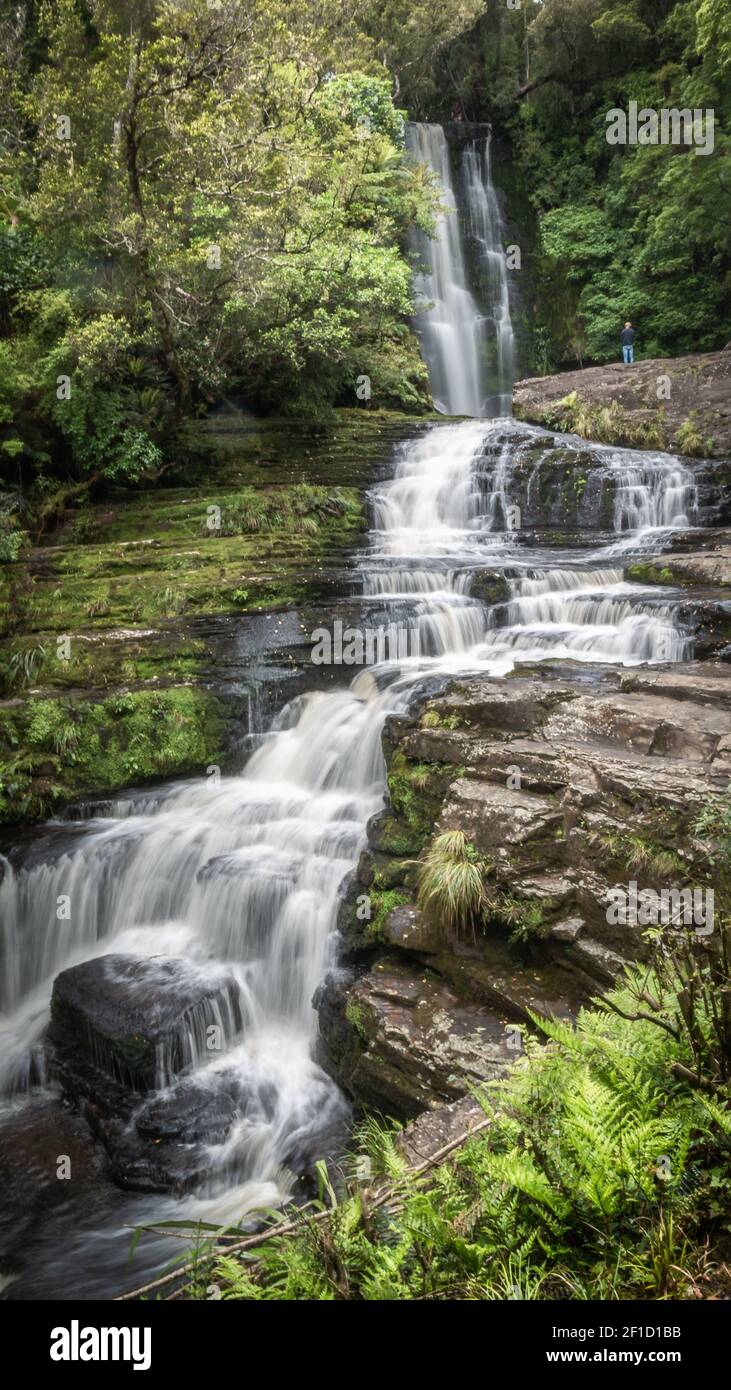 Portrait shot of big cascade waterfall in middle of forest with people ...