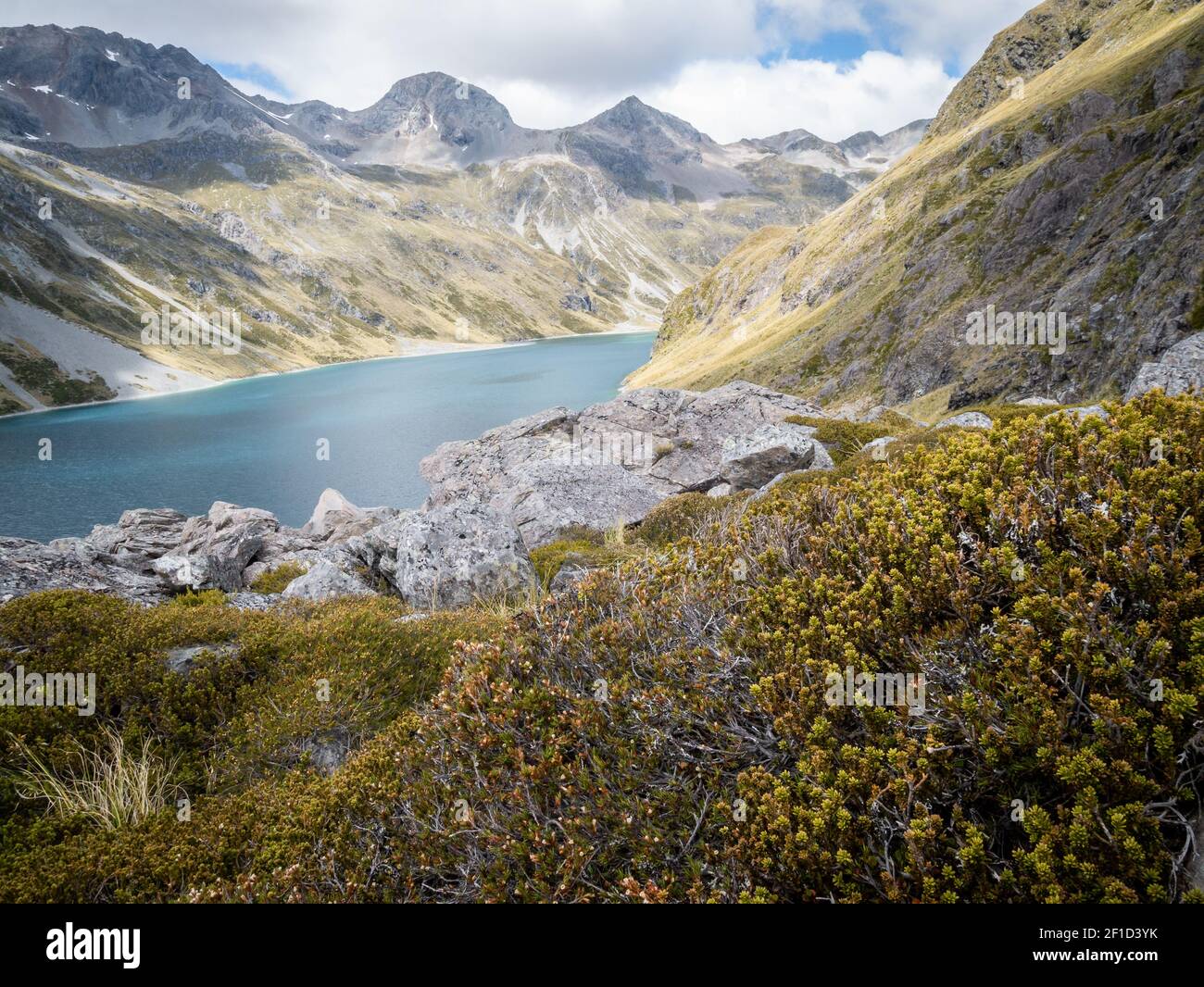 Alpine lake surrounded by mountains, shot at Nelson Lakes National Park ...