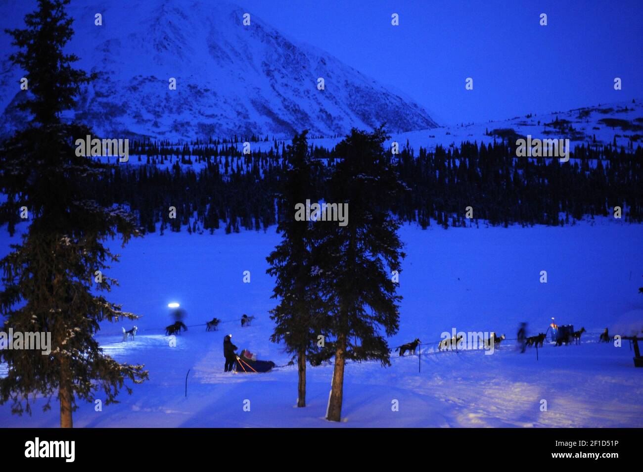 Mushers Kim Darst, front, and Rob Loveman pause to redirect their teams ...