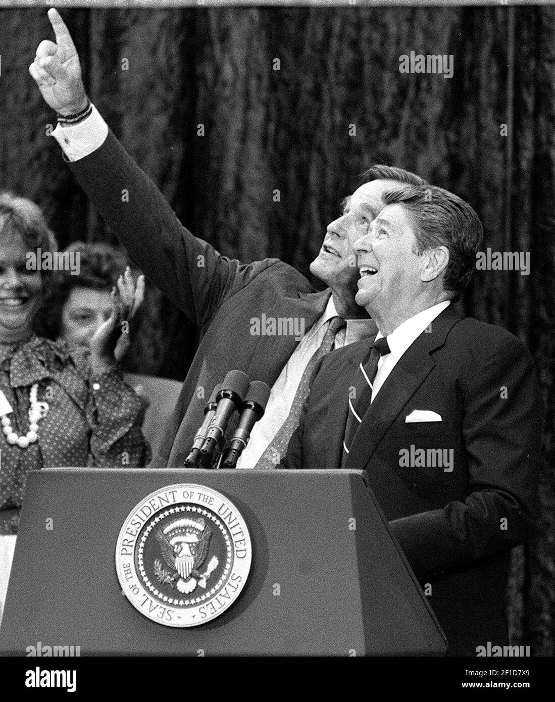 President Ronald Reagan and Vice President George H.W. Bush react to ...