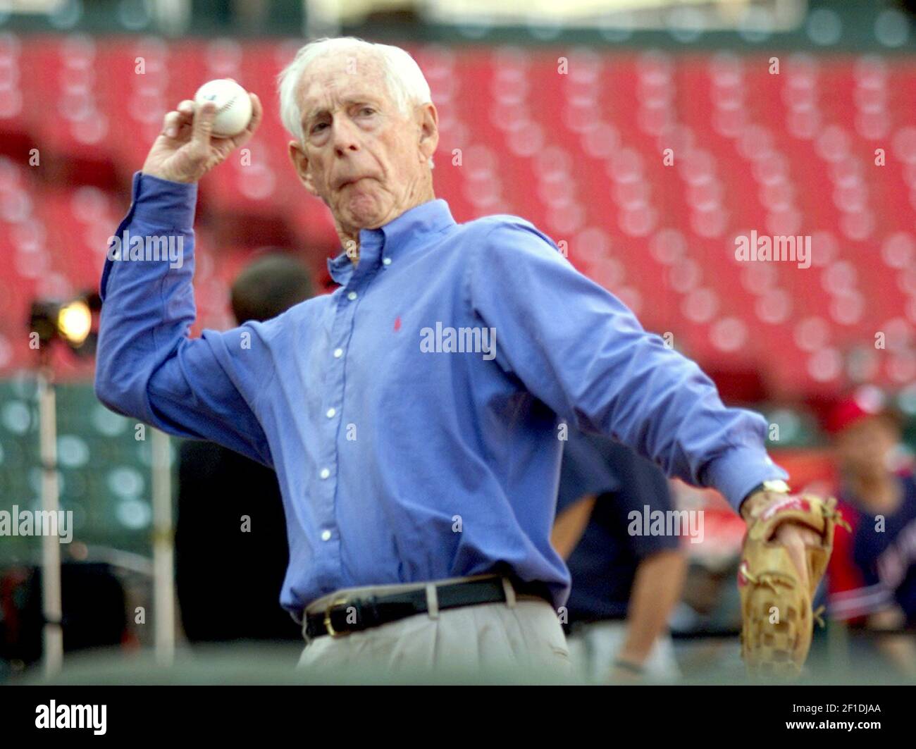 In this 2001 file photo, KMOX broadcaster Jack Buck throws a baseball ...