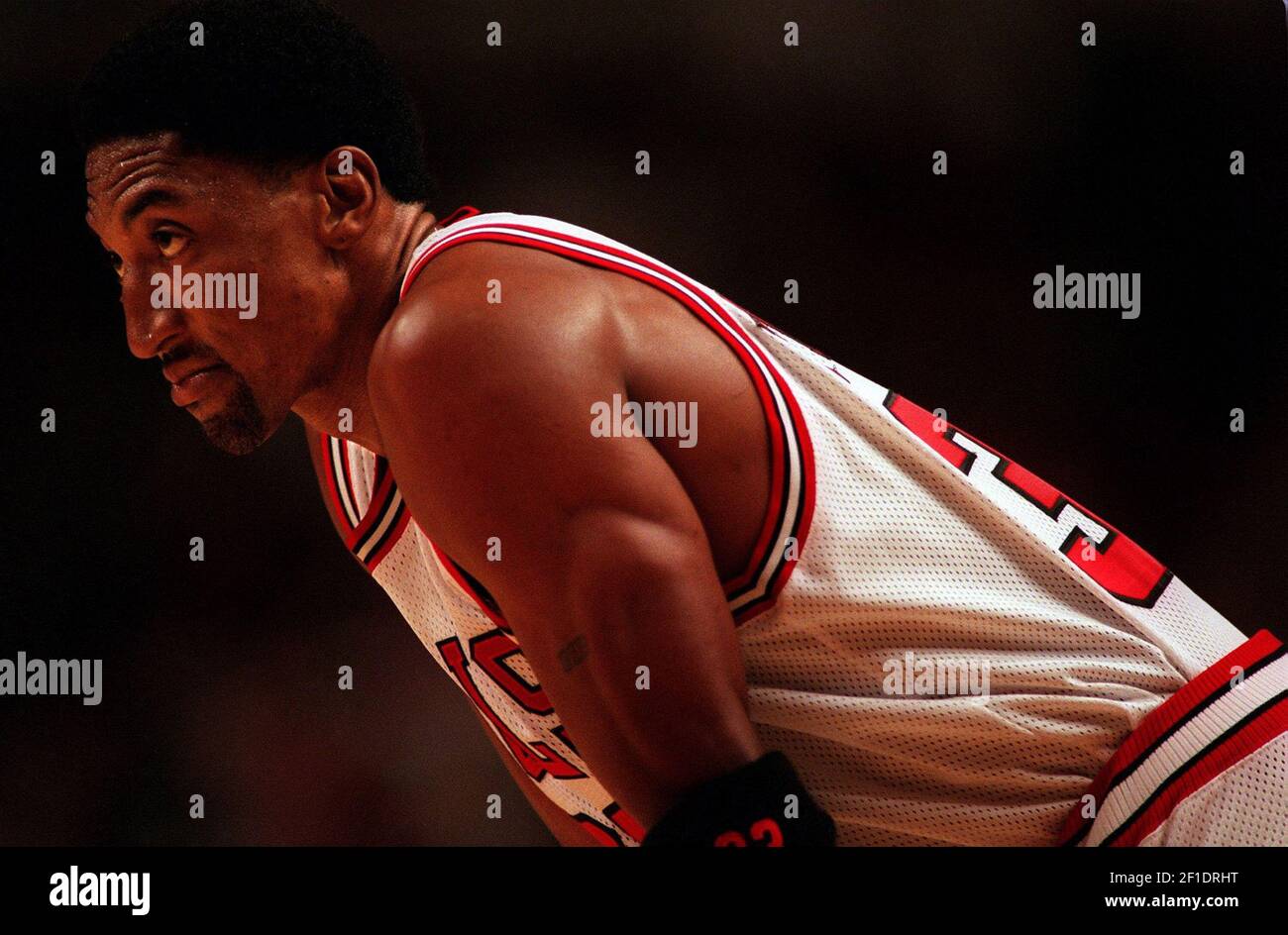 Scottie Pippen of the Chicago Bulls during a game on Feb. 15, 1998 ...