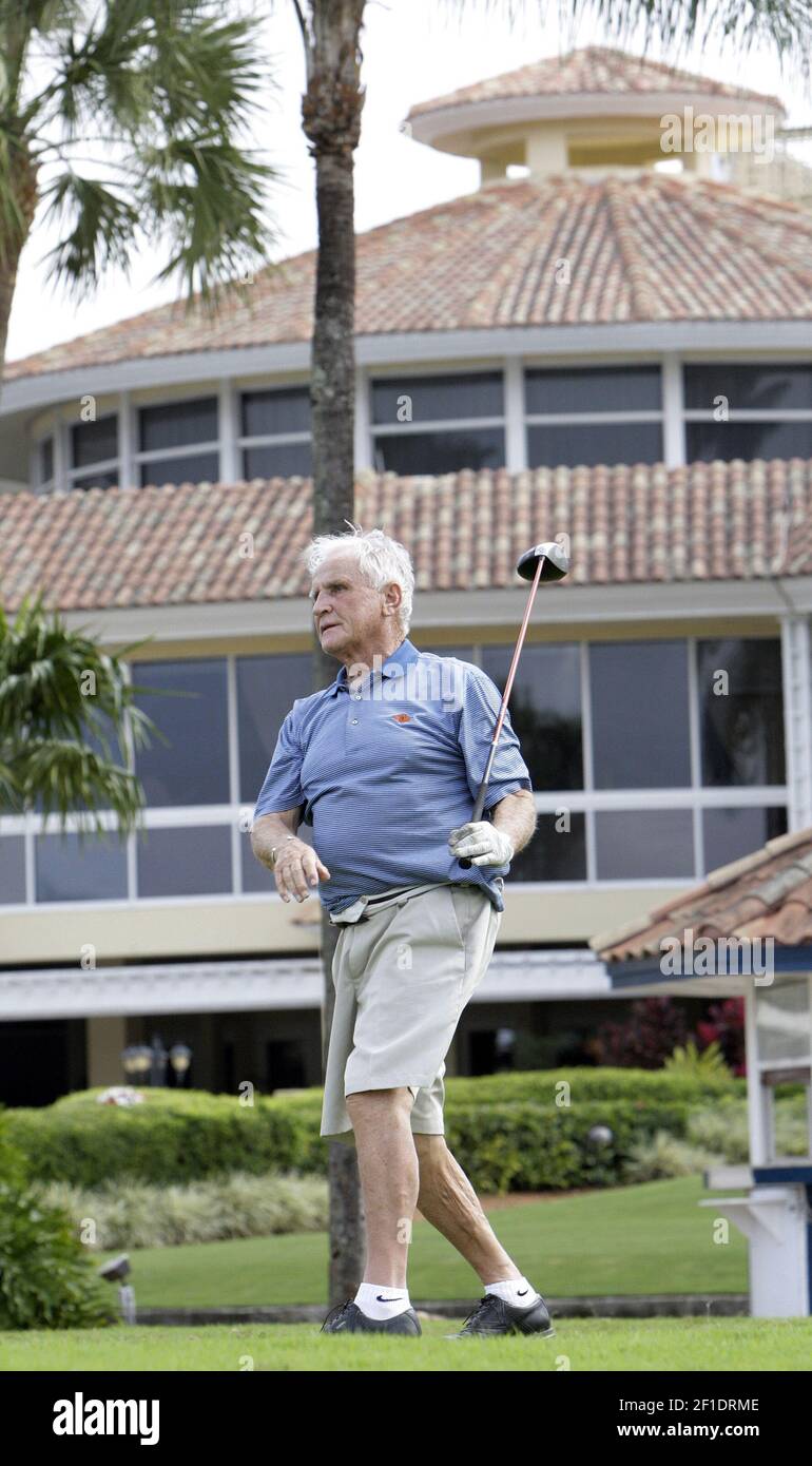 Former Miami Dolphins head coach Don Shula tees off on the first hole ...