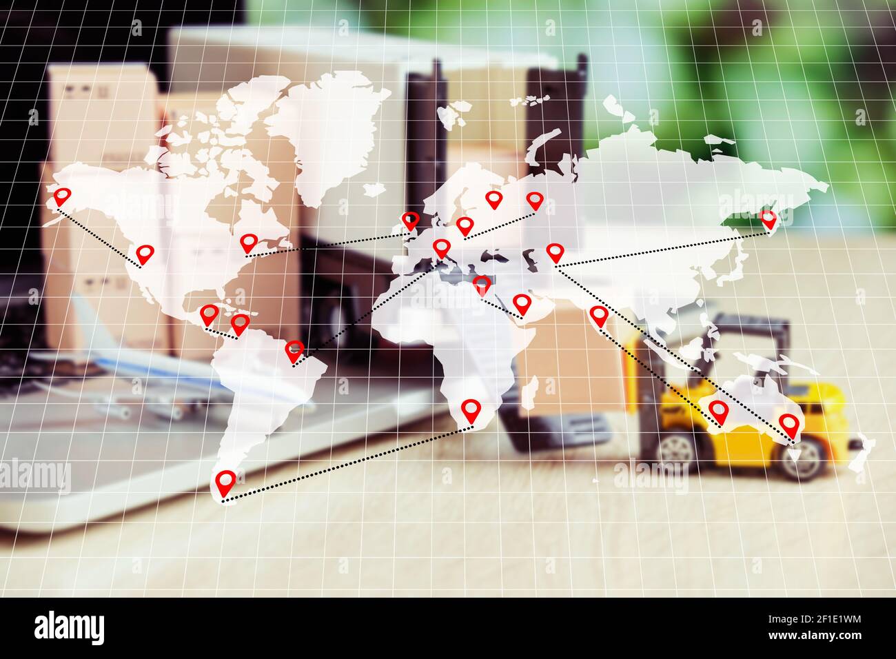 The concept of transportation of goods along routes on the world map ...
